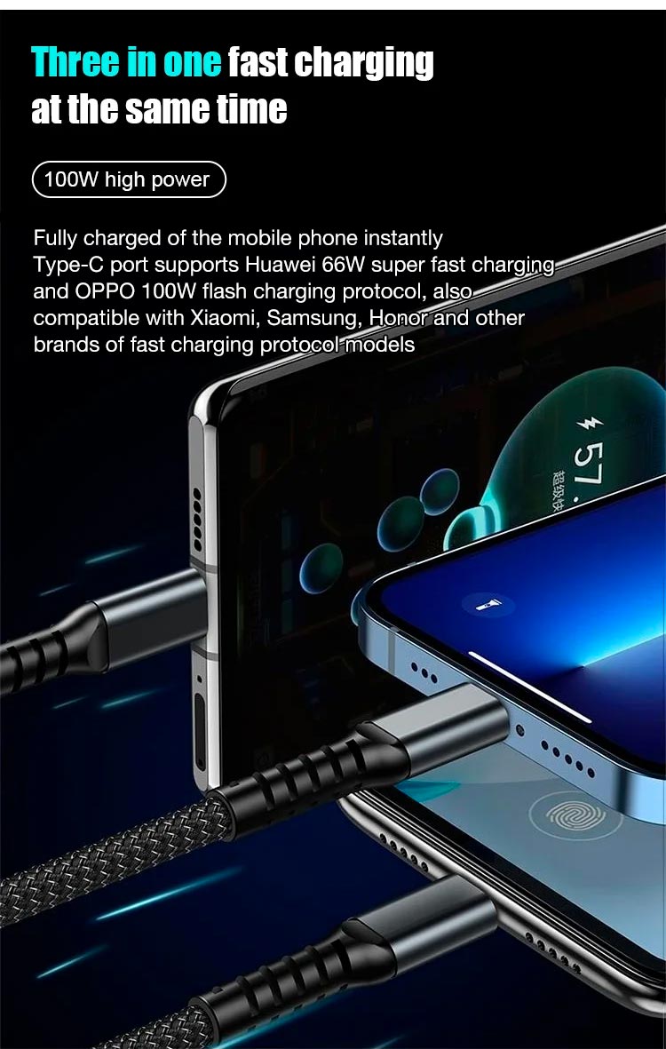100W Transparent Luminous Ultra-fast Charging Three-in-one Data Cable