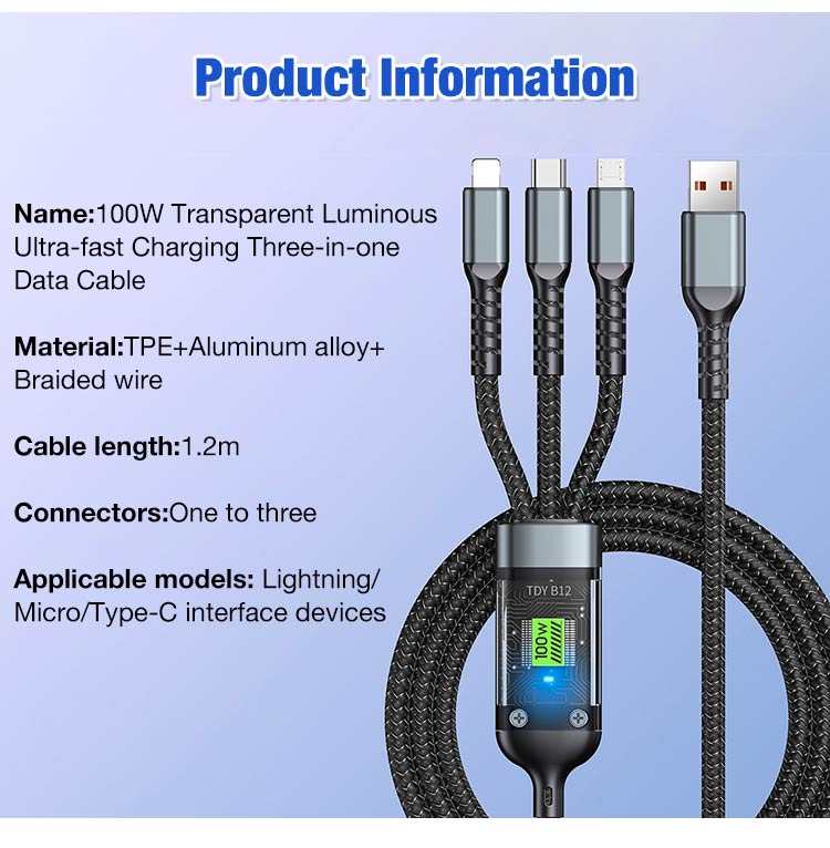 100W Transparent Luminous Ultra-fast Charging Three-in-one Data Cable